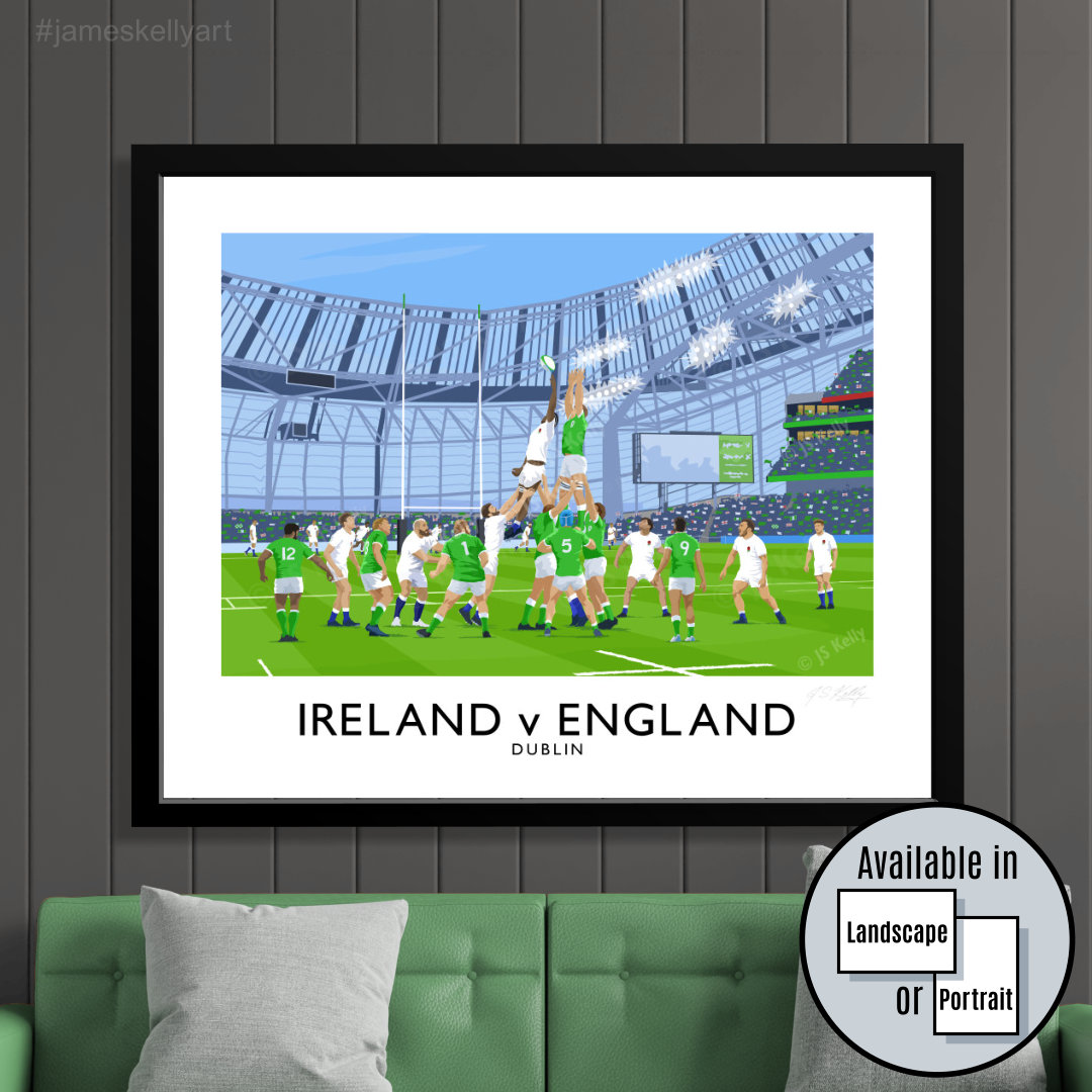 RUGBY 6 Nations IRELAND v ENGLAND travel poster – JAMES KELLY ART